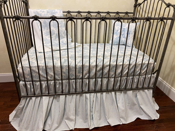 White and Blue Ticking Stripe with Blue Toile Crib Bedding, Baby Boy C ...