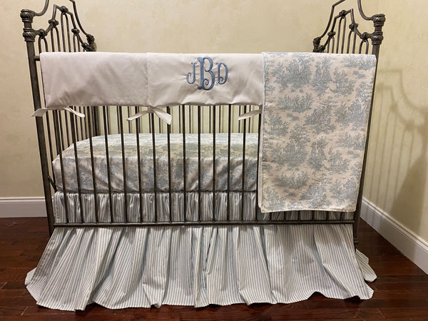 White and Blue Ticking Stripe with Blue Toile Crib Bedding, Baby Boy C ...