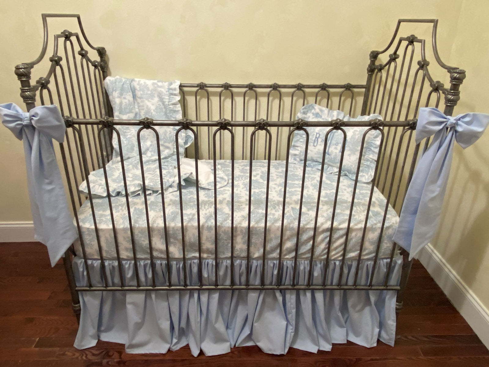Blue Toile with Pale Blue Crib Bedding - Scalloped Crib Rail Cover, Pa ...