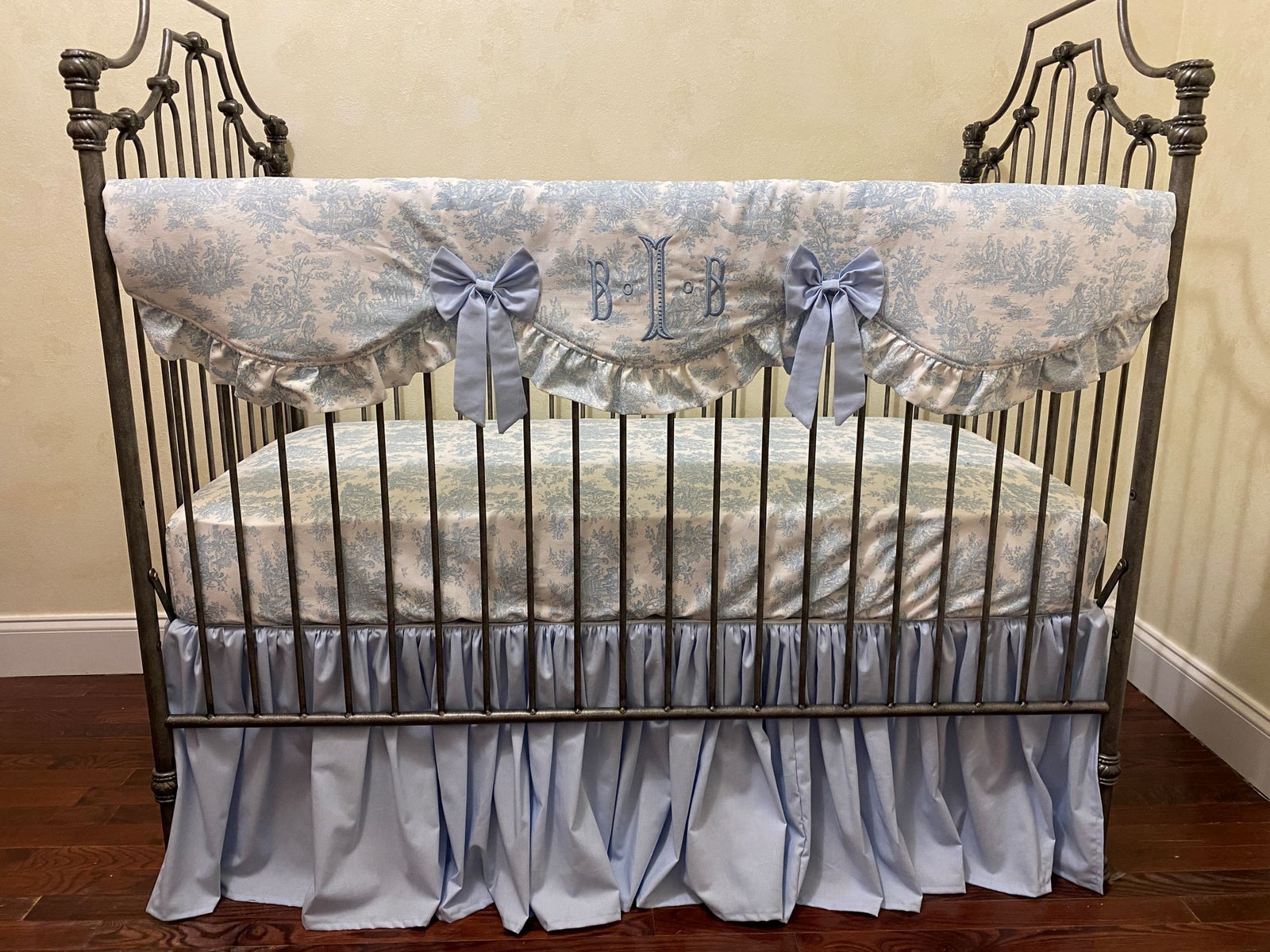 Blue Toile with Pale Blue Crib Bedding - Scalloped Crib Rail Cover, Pa ...