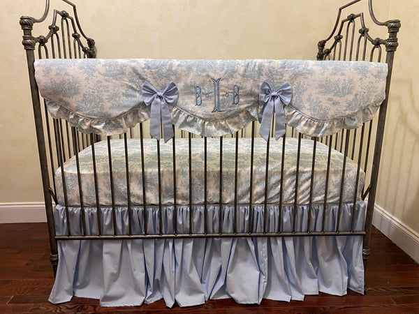 Blue Toile with Pale Blue Crib Bedding - Scalloped Crib Rail Cover, Pa ...