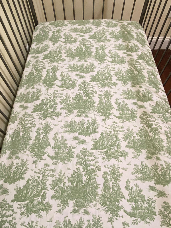 Crib Sheet - Green Toile Cotton Crib Sheet - Just Baby Designs