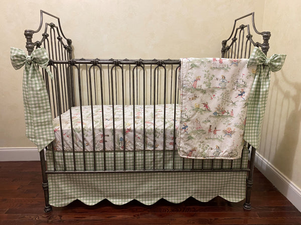 Nursery Rhyme Toile Crib Bedding, Scalloped Crib Skirt, Sage Green Gin ...