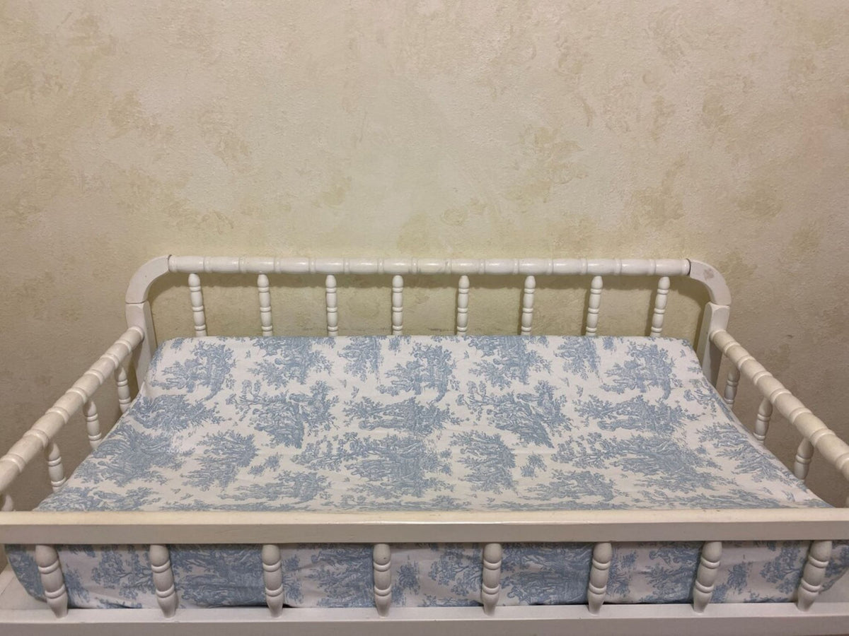 Blue Toile Crib Bedding, Toile and Pale Blue Baby Bedding, Scalloped C ...
