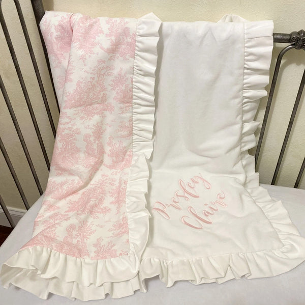 Pink Toile Baby Blanket with Ruffle, Crib Blanket, Baby Girl Blanket ...